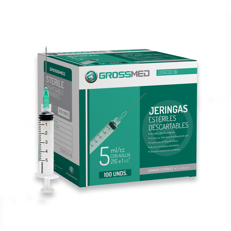 TuMaterialMédico.com | Jeringa de 5 cc con Aguja 21G x 1 1/2" Luer Lock GROSSMED